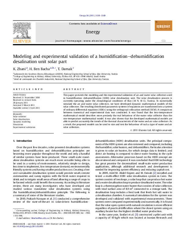 (PDF) Modeling and experimental validation of a humidification–dehumidification desalination ...