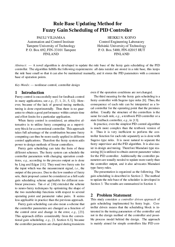 (PDF) Rule Base Updating Method for Fuzzy Gain Scheduling of PID Controller