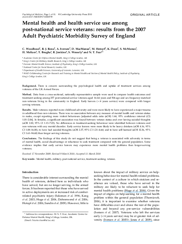 (PDF) Mental health and health service use among post-national service ...