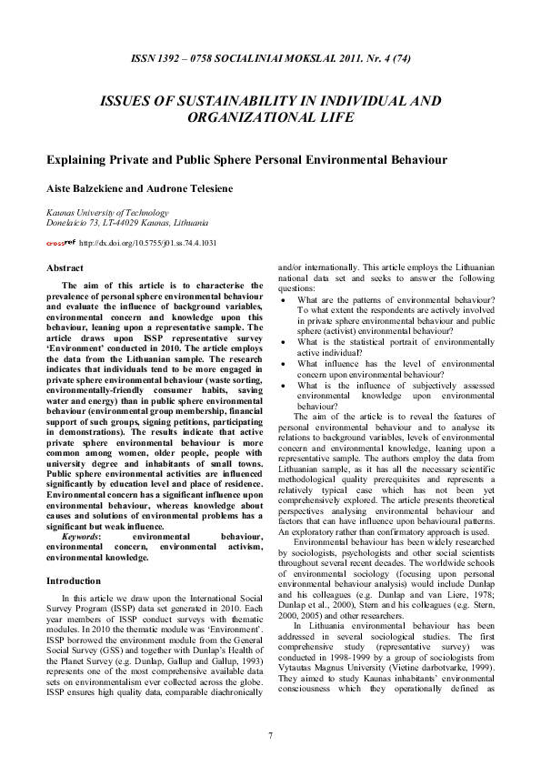 (PDF) Explaining Private and Public Sphere Personal Environmental Behaviour