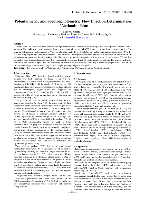 Pdf Potentiometric And Spectrophotometric Flow Injection Determination Of Variamine Blue