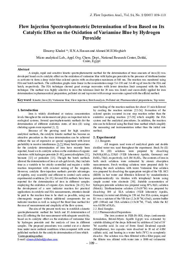 Pdf Flow Injection Spectrophotmetric Determination Of Iron Based On Its Catalytic Effect On