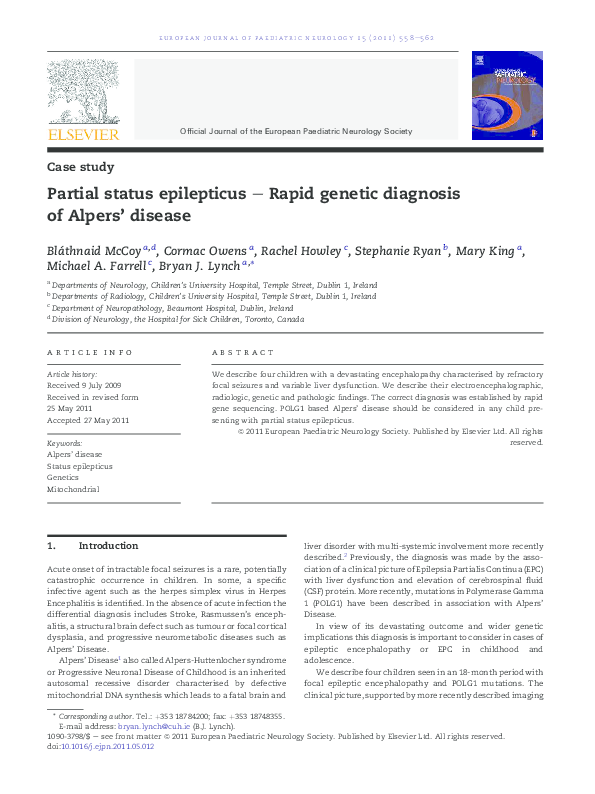 (PDF) Partial status epilepticus – Rapid genetic diagnosis of Alpers ...