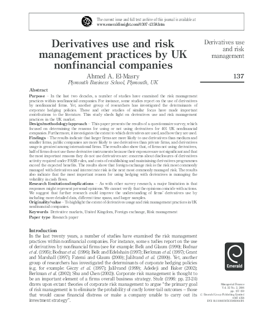 (PDF) Derivatives use and and risk management practices by UK ...