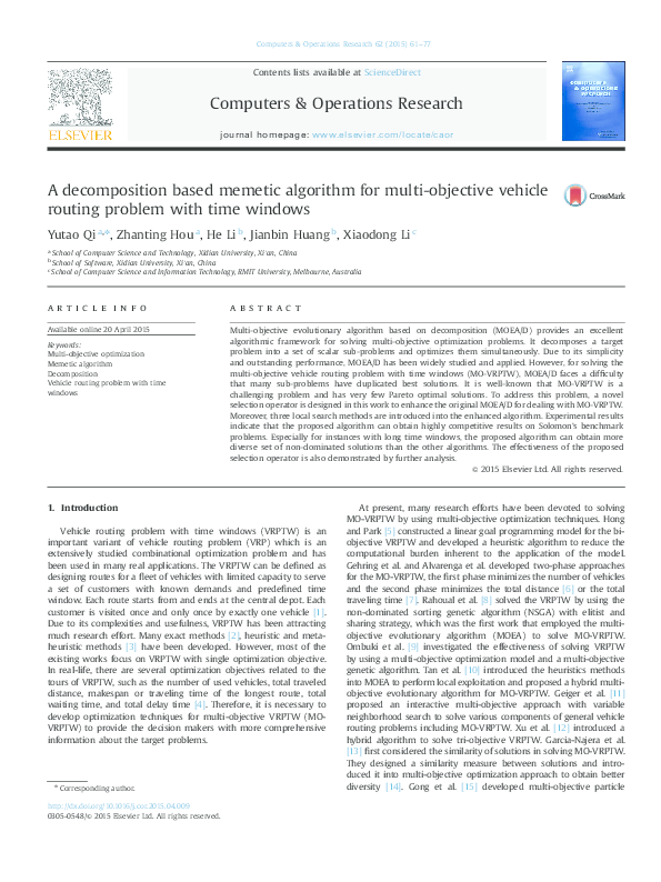 (PDF) A decomposition based memetic algorithm for multi-objective vehicle routing problem with ...