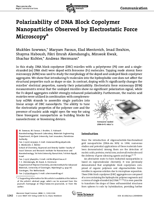 Pdf Polarizability Of Dna Block Copolymer Nanoparticles Observed By Electrostatic Force Microscopy