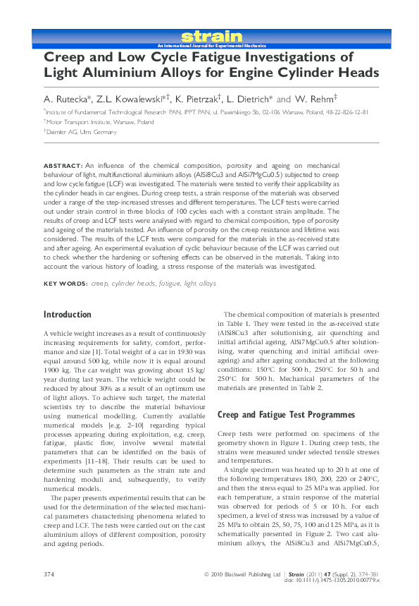 (PDF) Creep and Low Cycle Fatigue Investigations of Light Aluminium ...