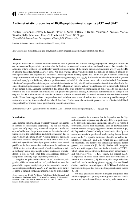 (PDF) Anti-metastatic properties of RGD-peptidomimetic agents S137 and S247