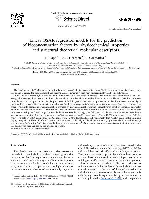 (PDF) Linear QSAR regression models for the prediction of bioconcentration factors by ...