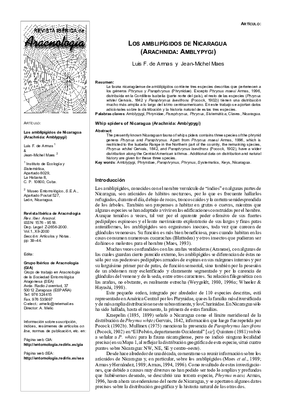 (PDF) Los Amblipígidos De Nicaragua (Arachnida: Amblypygi)