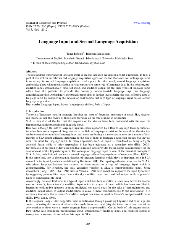 (PDF) Language Input and Second Language Acquisition