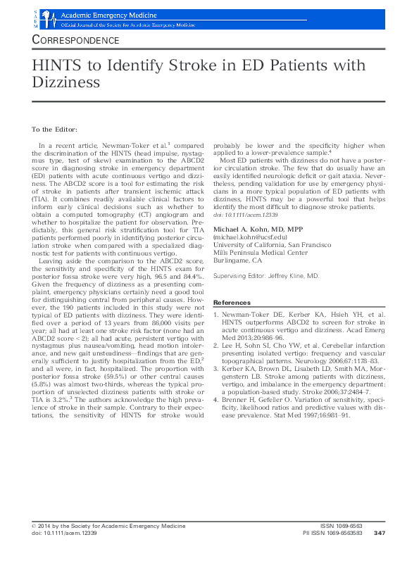 (PDF) HINTS to Identify Stroke in ED Patients with Dizziness