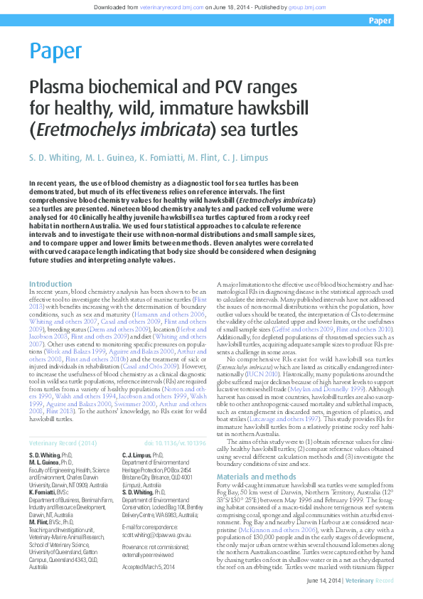 (PDF) Plasma biochemical and PCV ranges for healthy, wild, immature ...