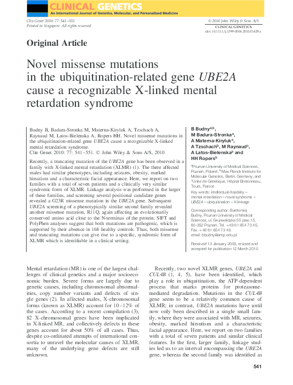 (PDF) Novel missense mutations in the ubiquitination-related gene UBE2A ...