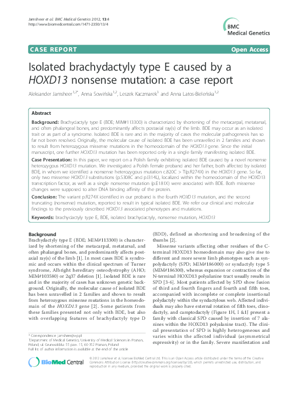 (PDF) Isolated brachydactyly type E caused by a HOXD13 nonsense ...