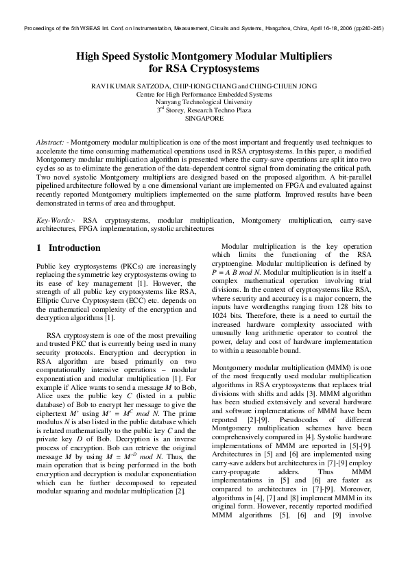 Pdf High Speed Systolic Montgomery Modular Multipliers For Rsa Cryptosystems 