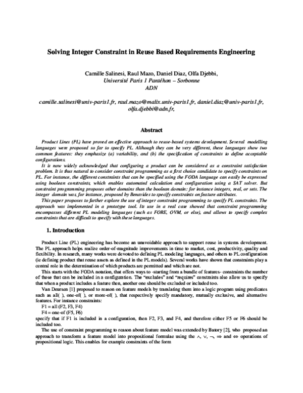 (PDF) Using integer constraint solving in reuse based requirements engineering
