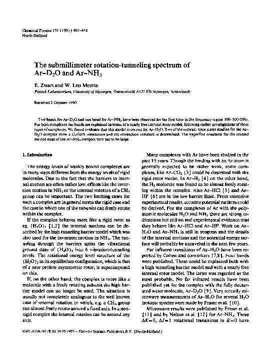 Pdf The Submillimeter Rotation Tunneling Spectrum Of Ar D2o And Ar Nh3