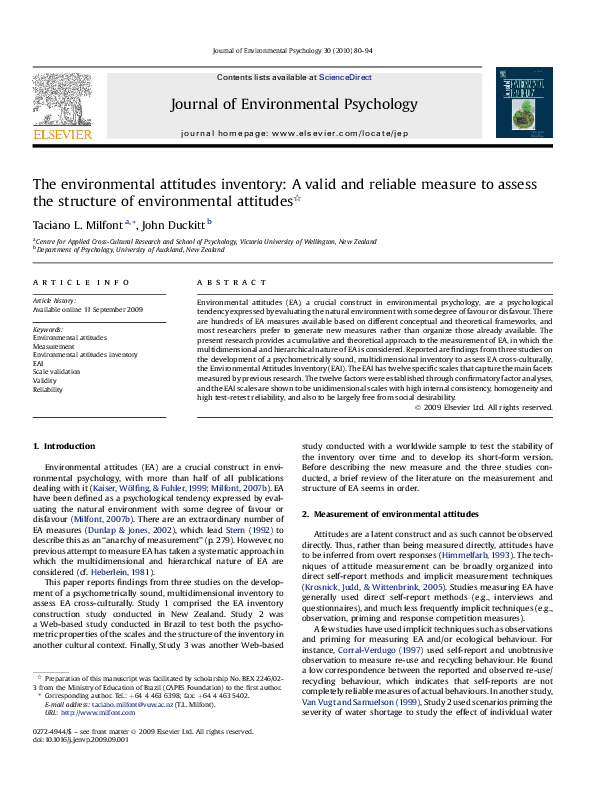 (PDF) The environmental attitudes inventory: A valid and reliable ...