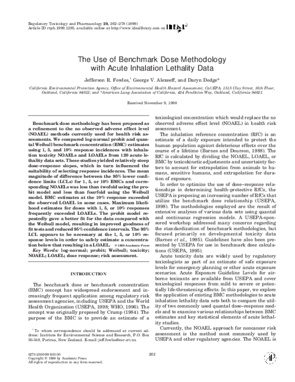 (PDF) The Use of Benchmark Dose Methodology with Acute Inhalation ...