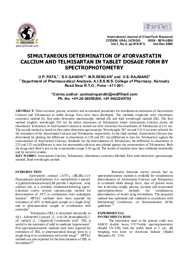 Pdf Simultaneous Determination Of Atorvastatin Calcium Ezetimibe And Fenofibrate In A Tablet