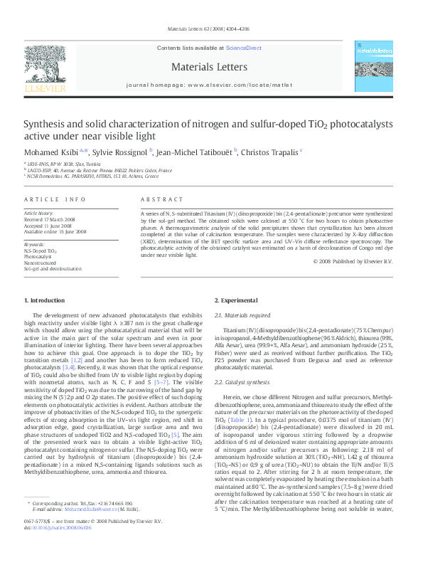 (PDF) Synthesis and solid characterization of nitrogen and sulfur-doped TiO2 photocatalysts ...