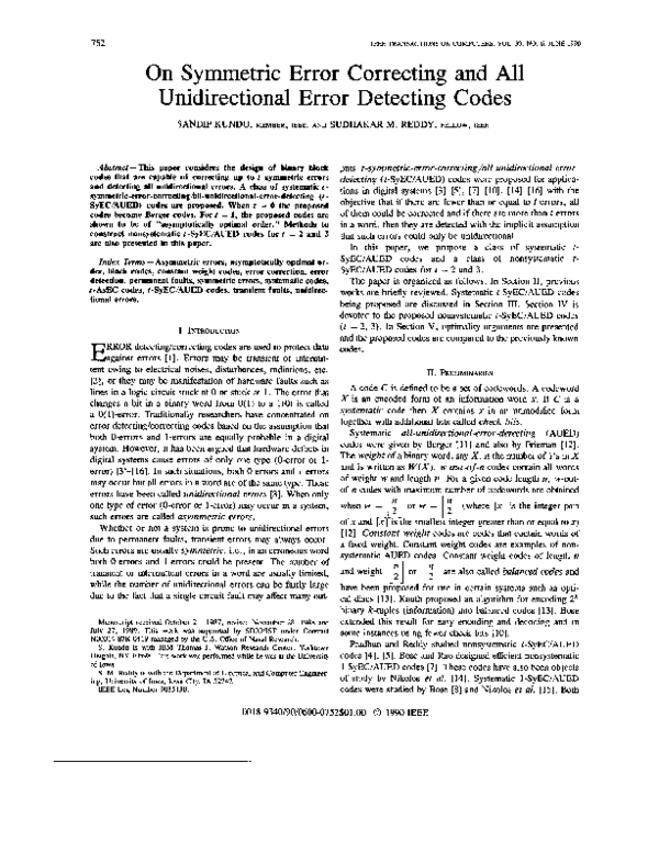 (PDF) On symmetric error correcting and all unidirectional error detecting codes