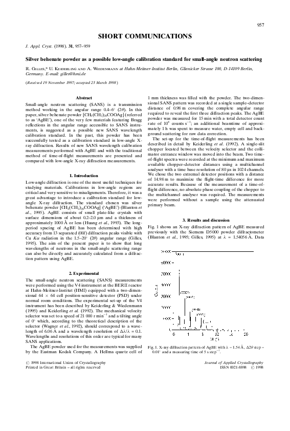 (PDF) Silver behenate powder as a possible low-angle calibration ...