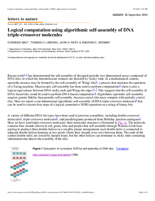 Pdf Logical Computation Using Algorithmic Self Assembly Of Dna Triple