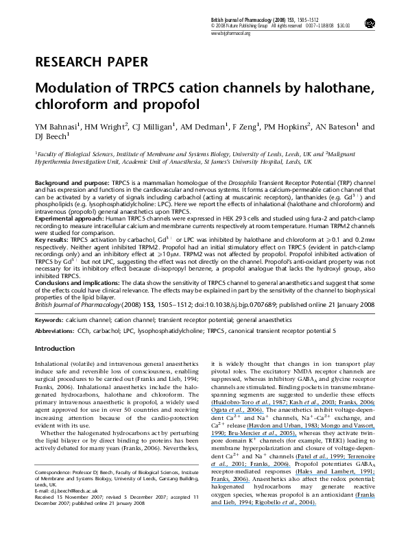 (PDF) Modulation of TRPC5 cation channels by halothane, chloroform and ...