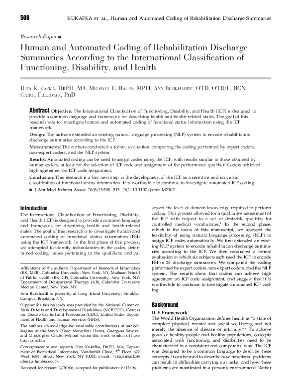 (PDF) Human and Automated Coding of Rehabilitation Discharge Summaries According to the ...