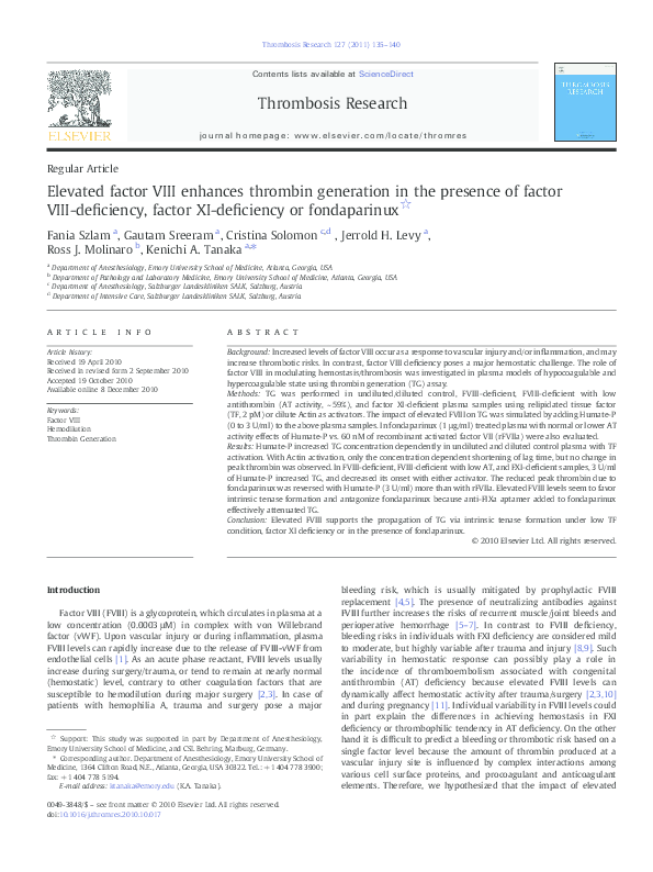 (PDF) Elevated factor VIII enhances thrombin generation in the presence ...
