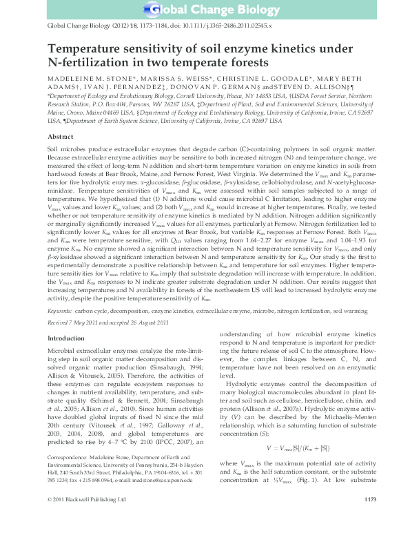 (PDF) Temperature sensitivity of soil enzyme kinetics under N-fertilization in two temperate forests