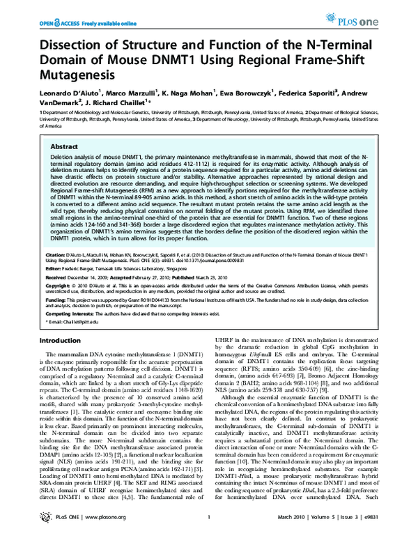 (PDF) Dissection of Structure and Function of the N-Terminal Domain of Mouse DNMT1 Using ...
