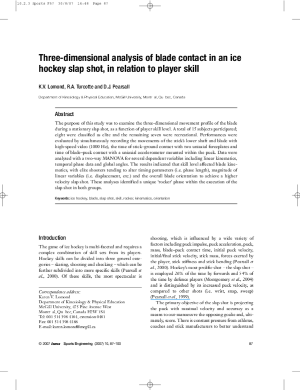 Pdf Three Dimensional Analysis Of Blade Contact In An Ice Hockey Slap