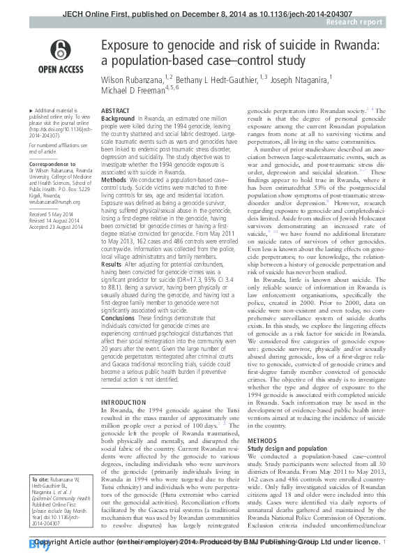 (PDF) Exposure to genocide and risk of suicide in Rwanda: a population ...