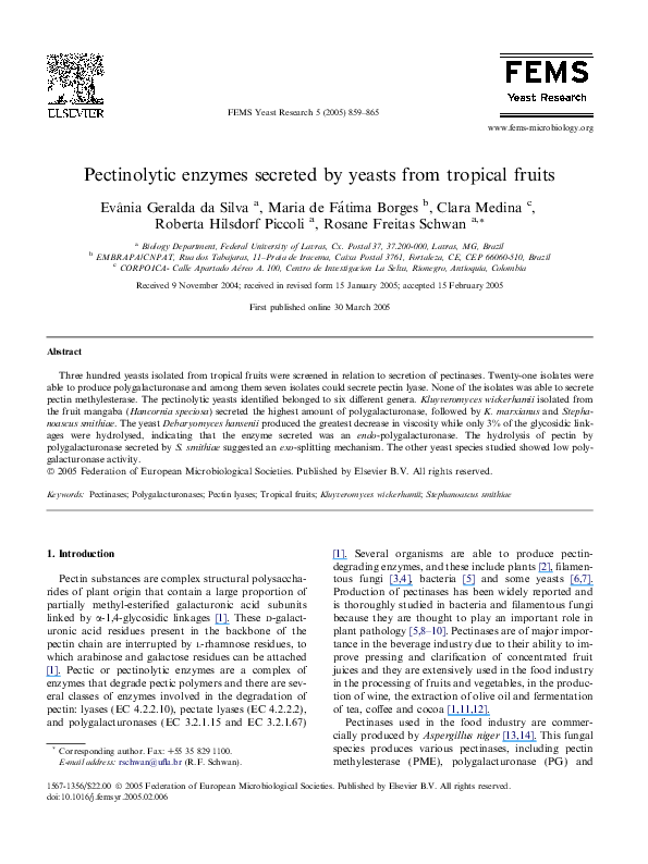 (PDF) Pectinolytic enzymes secreted by yeasts from tropical fruits