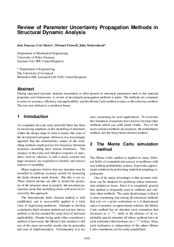 (PDF) Review of Parameter Uncertainty Propagation Methods in Structural Dynamic Analysis