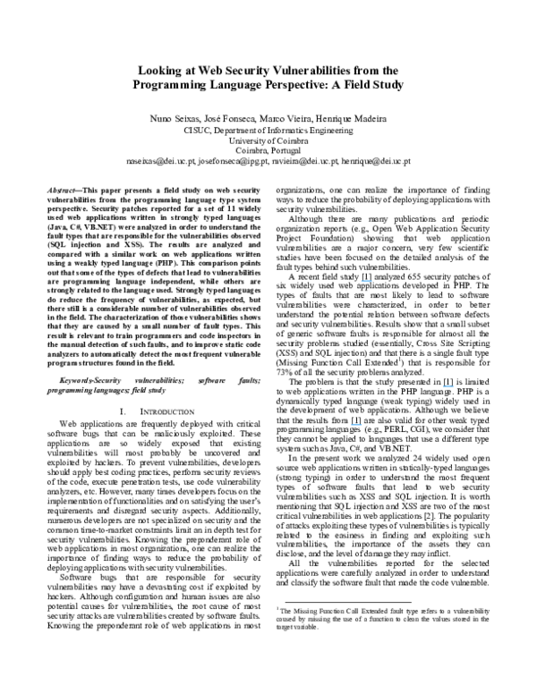 (PDF) Looking at web security vulnerabilities from the programming language perspective: A field ...