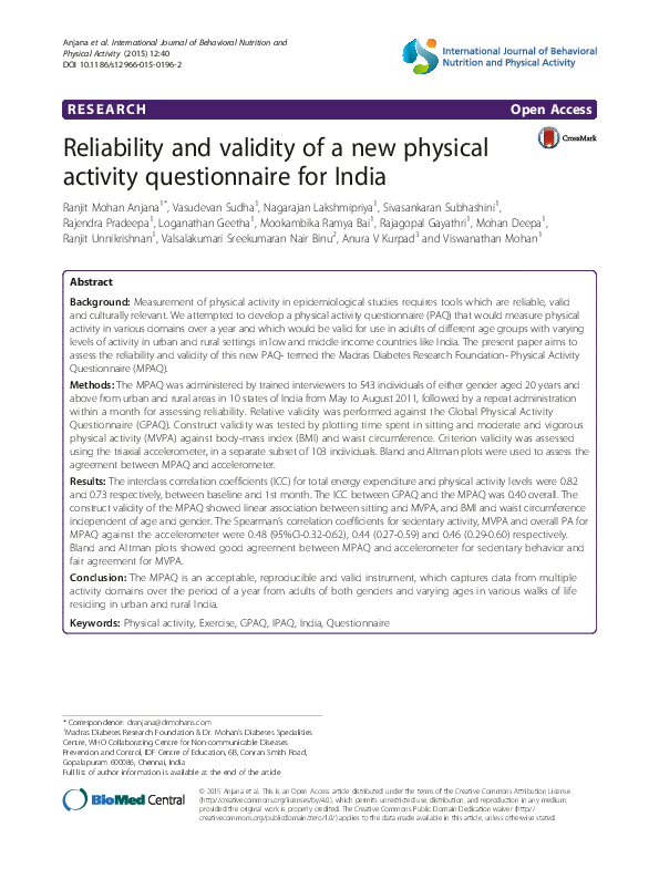(PDF) Reliability and validity of a new physical activity questionnaire ...