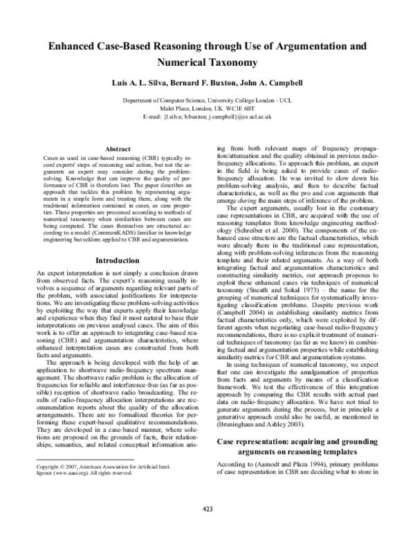 (PDF) Enhanced Case-Based Reasoning through Use of Argumentation and Numerical Taxonomy