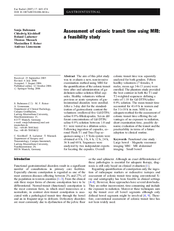 (PDF) Assessment of colonic transit time using MRI: a feasibility study