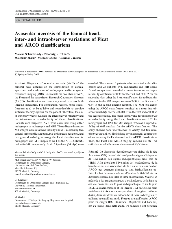 (PDF) Avascular necrosis of the femoral head: inter- and intraobserver ...