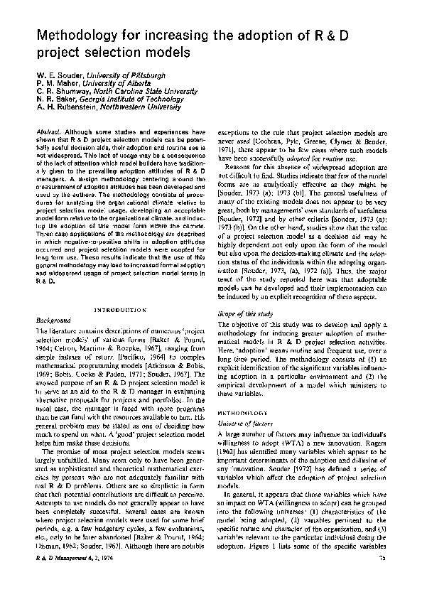(PDF) Methodology for increasing the adoption of R & D project selection models