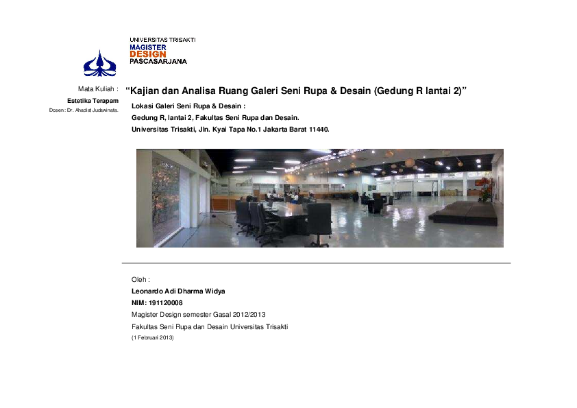 Kajian dan Analisa Ruang Galeri Seni Rupa & Desain (Gedung R lantai 2)