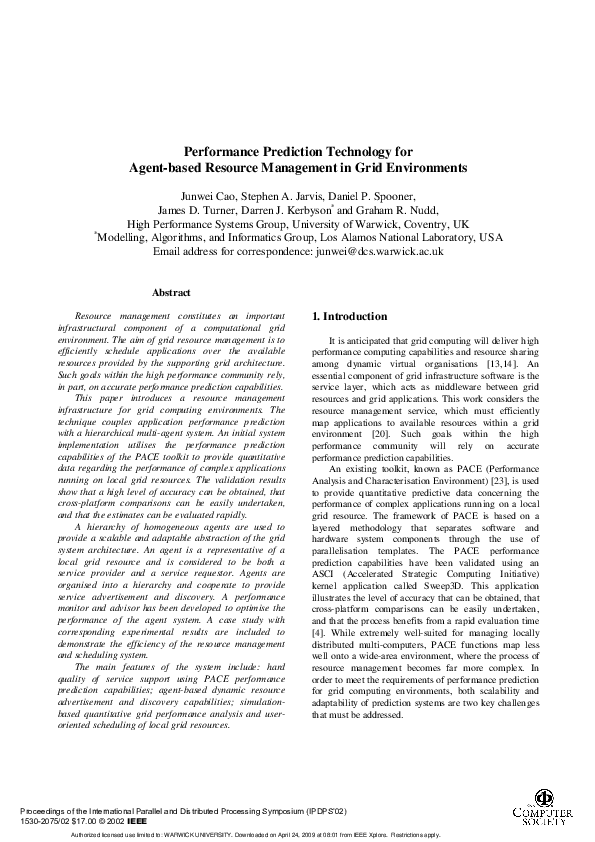 (PDF) Performance prediction technology for agent-based resource management in grid environments