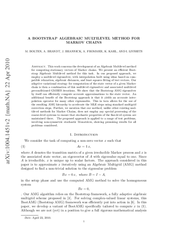 (PDF) A Bootstrap Algebraic Multilevel method for Markov Chains