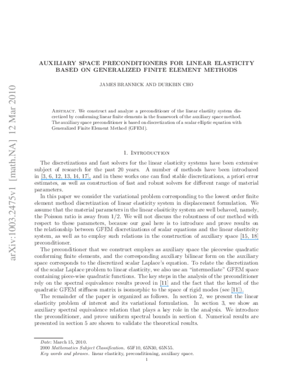 (PDF) Auxiliary space preconditioners for linear elasticity based on generalized finite element ...