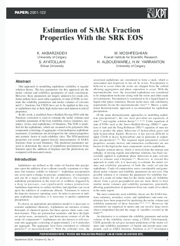 (PDF) Estimation of SARA Fraction Properties With the SRK EOS