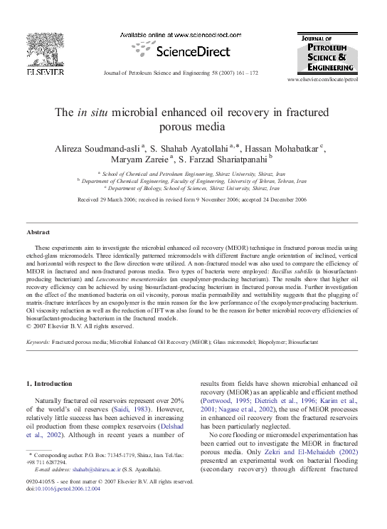 (PDF) The in situ microbial enhanced oil recovery in fractured porous media